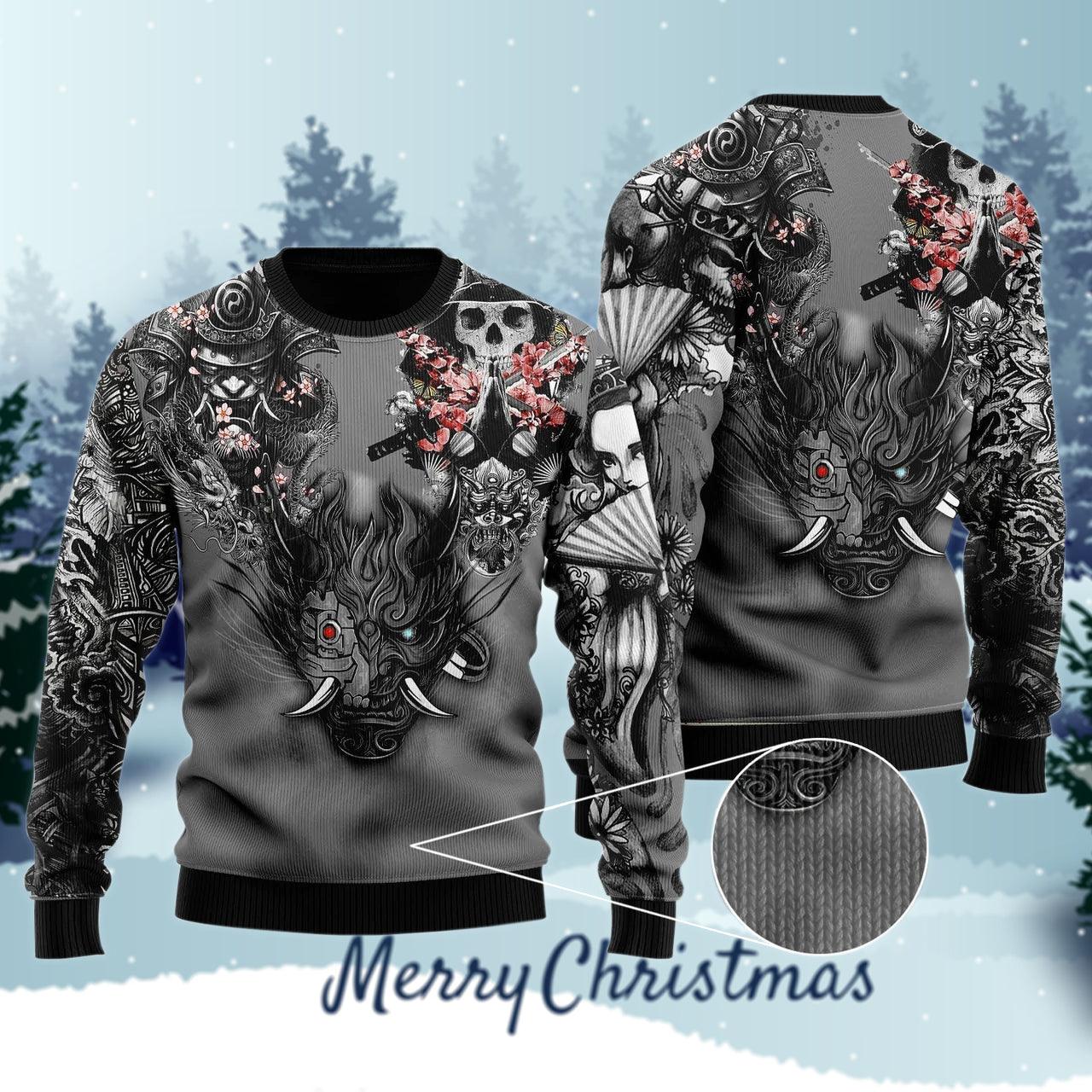 Samurai Oni Mask With Sakura Ugly Sweater | Oni Samurai Jumper